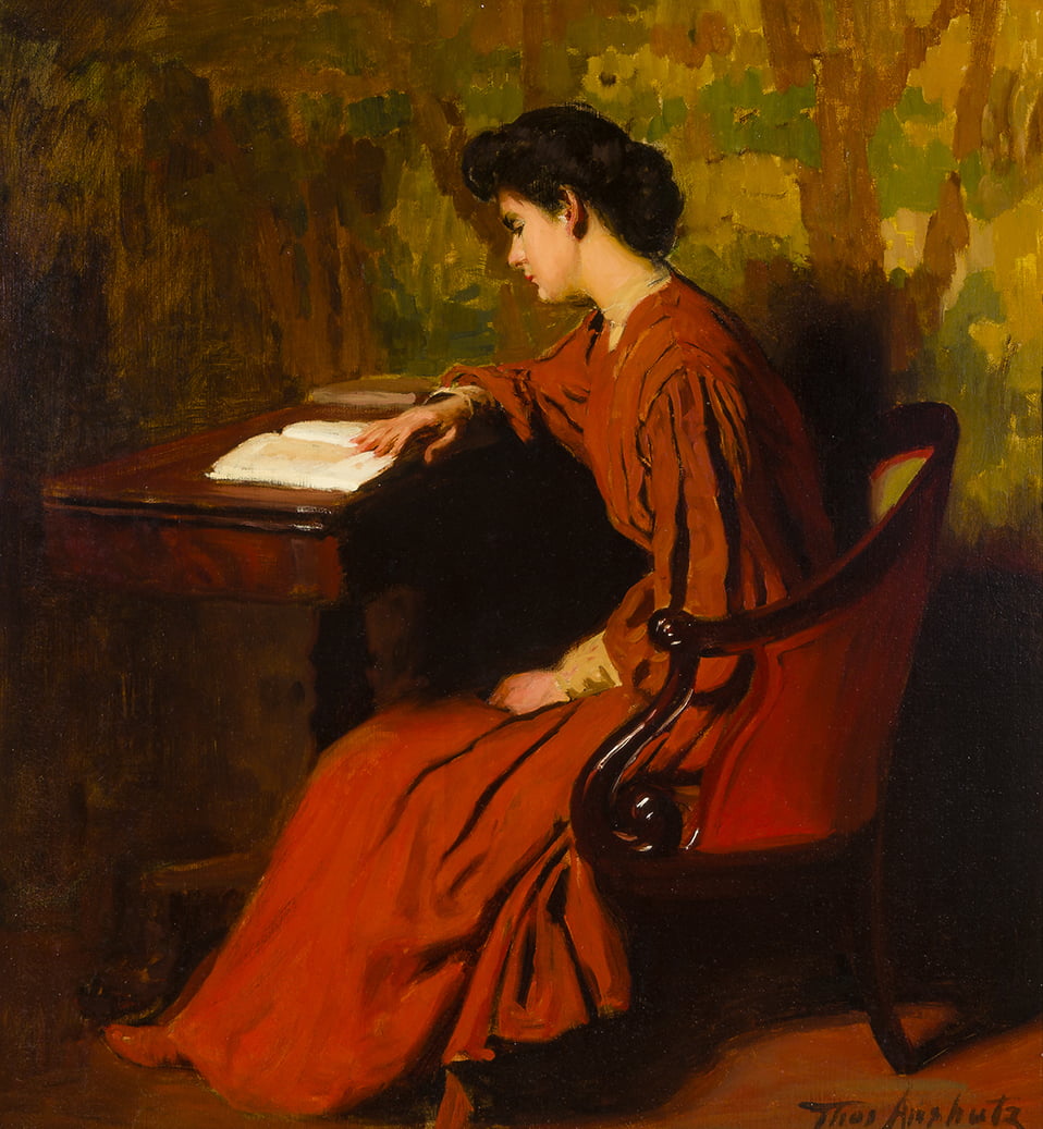 Thomas Pollock Anshutz (1851-1912) [NM] : Woman reading at a desk, ca ...